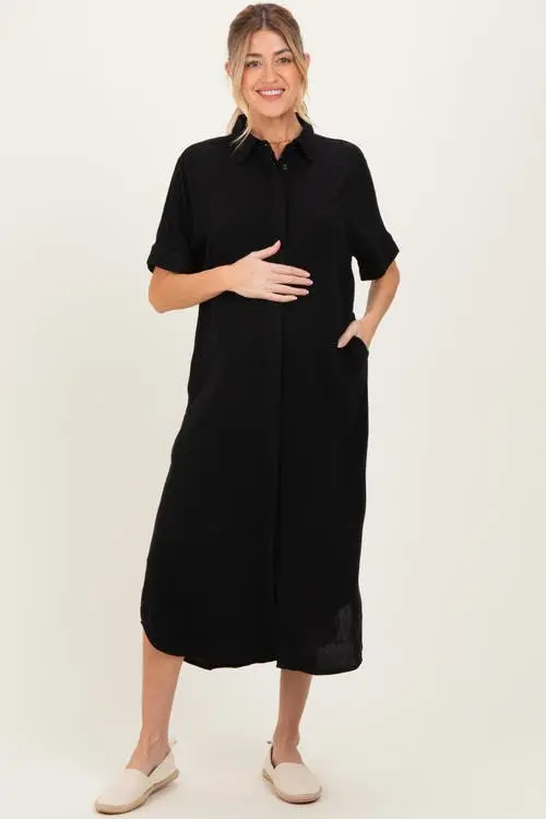 PINKBLUSH Button Down Midi Shirt Dress - Black