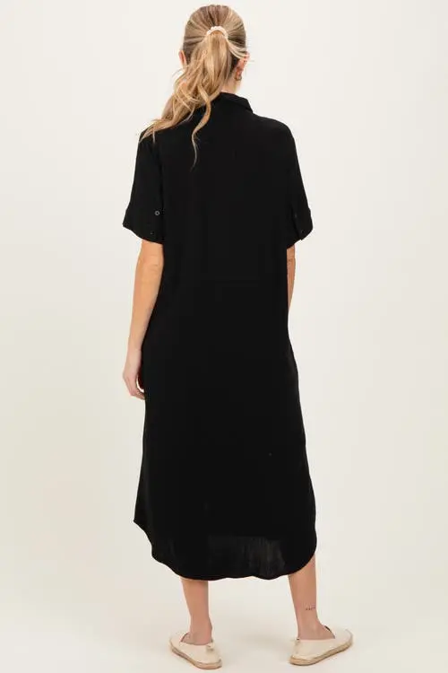 PINKBLUSH Button Down Midi Shirt Dress - Black