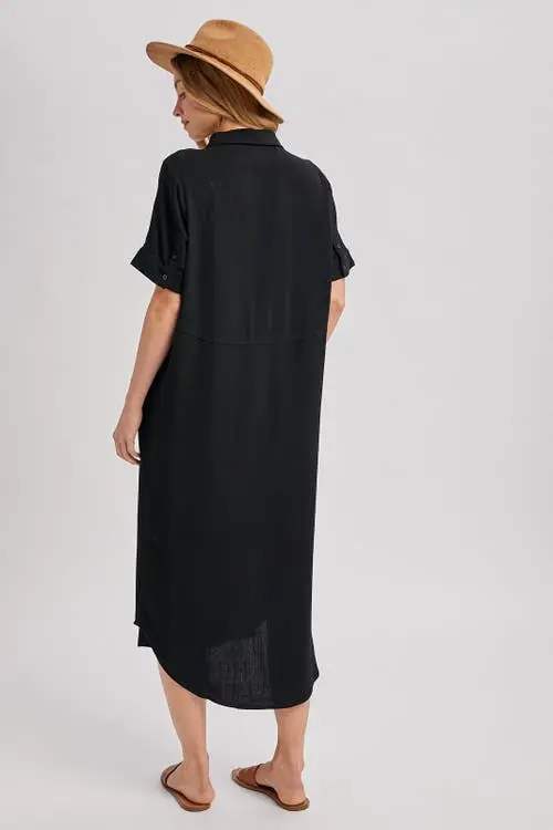 PINKBLUSH Button Down Midi Shirt Dress - Black