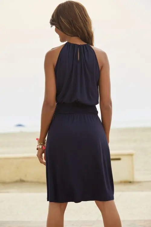 LASCANA Crochet Detail High Neck Dress - Navy