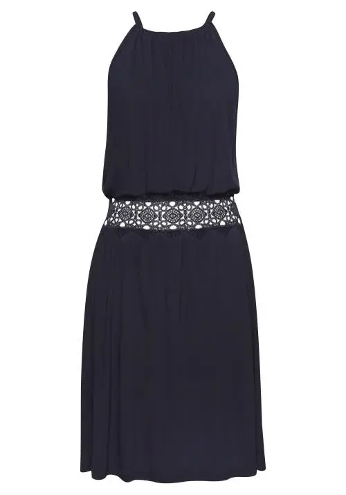 LASCANA Crochet Detail High Neck Dress - Navy