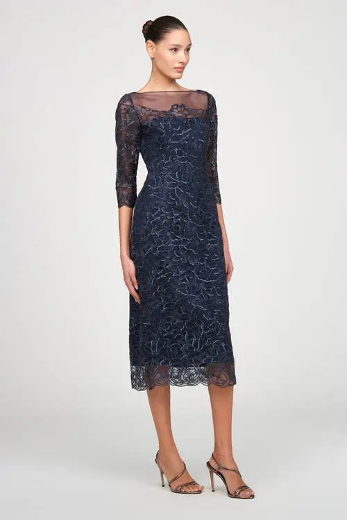 Theia Marbella Beaded Lace Midi Dress