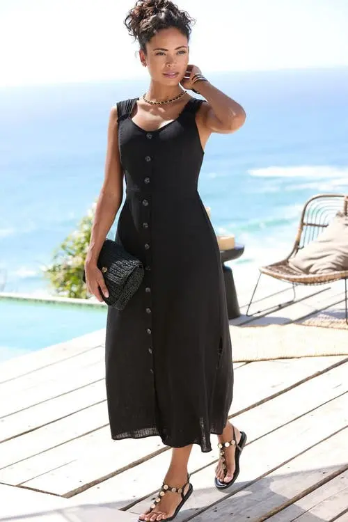 LASCANA Button Detail Maxi Dress With Ruffled Straps And Slit - Black