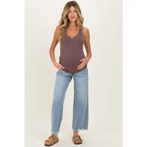 PINKBLUSH Maternity Wide Leg Jeans With Fringe Hem