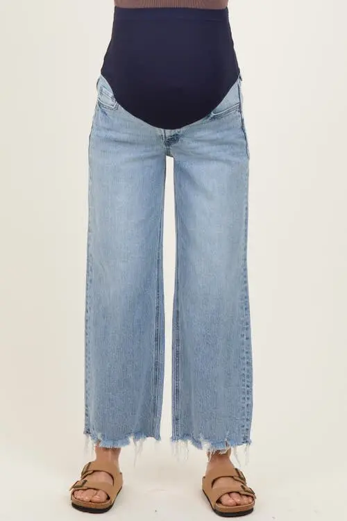 PINKBLUSH Maternity Wide Leg Jeans With Fringe Hem