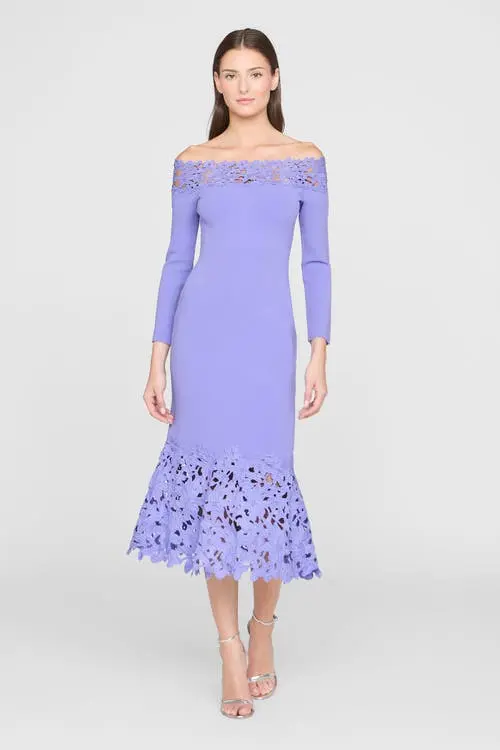 Theia Sia Knit And Lace Midi Dress - Deep Periwinkle