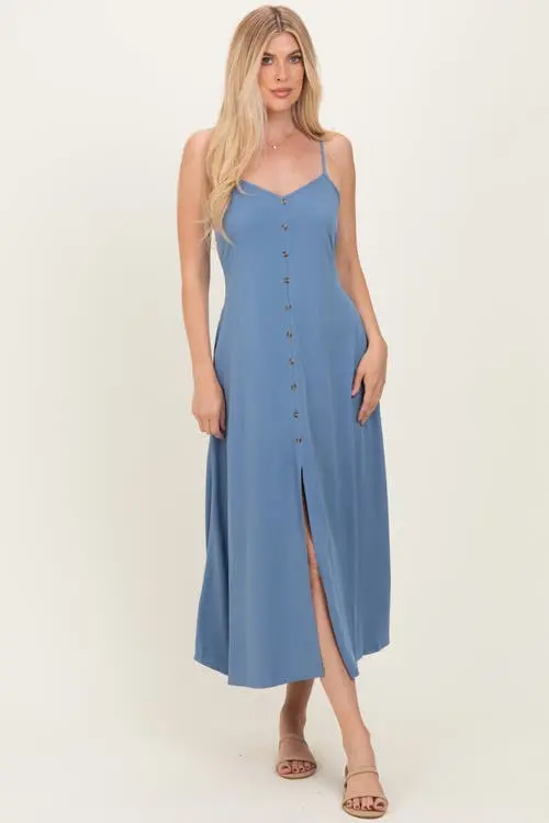 PINKBLUSH Button Accent Maternity Midi Dress - Blue