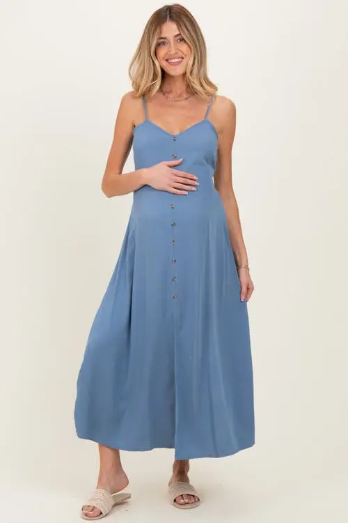 PINKBLUSH Button Accent Midi Dress - Blue