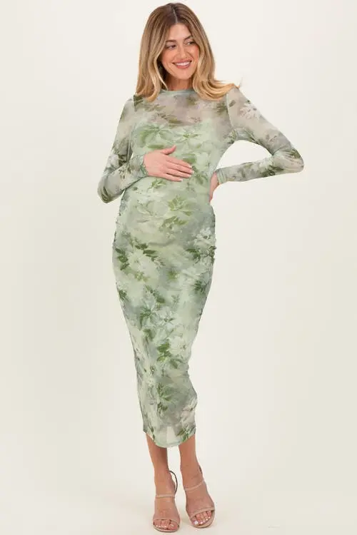 PINKBLUSH Floral Mesh Overlay Maxi Dress With Long Sleeves - Light Olive
