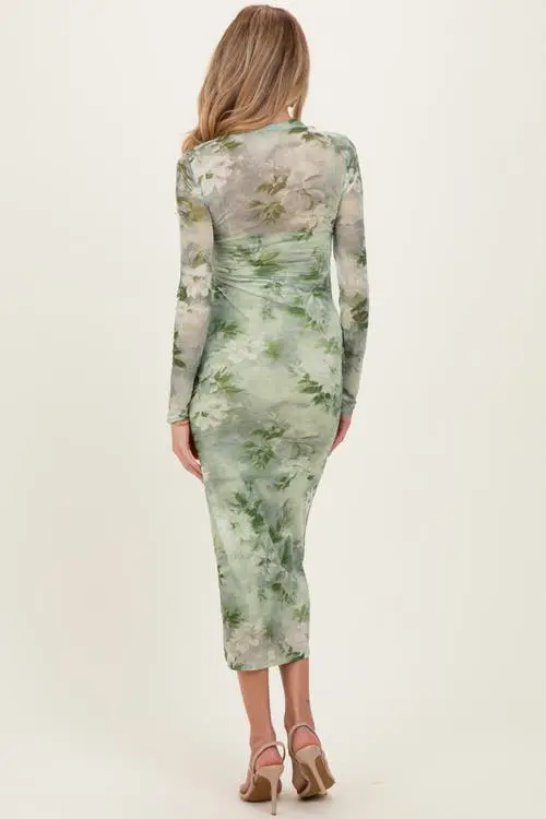 PINKBLUSH Floral Mesh Overlay Maxi Dress With Long Sleeves - Light Olive