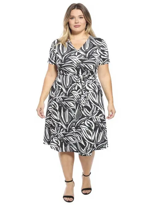 24SEVEN COMFORT APPAREL Curvy Essential Abstract V-neck Short Sleeve A-line Midi Dress - Black Multi