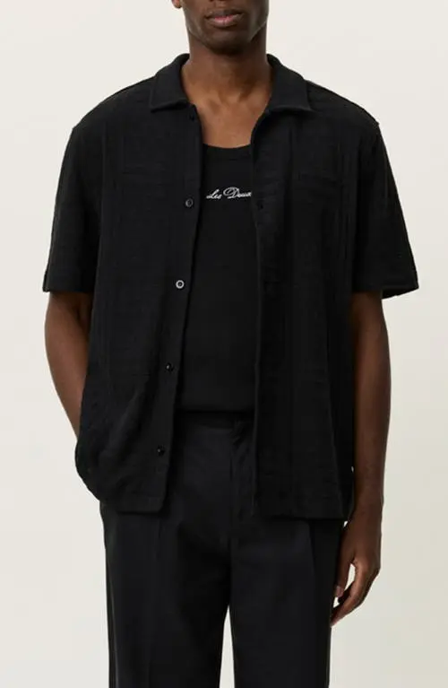 LES DEUX Hector Cotton Blend Pointelle Short Sleeve Shirt - Black