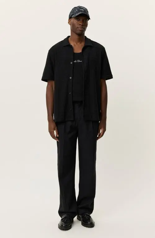 LES DEUX Hector Cotton Blend Pointelle Short Sleeve Shirt - Black