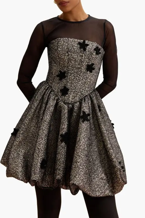 MALVA FLOREA Sequin Balloon-hem Mini Dress With Crochet Florals