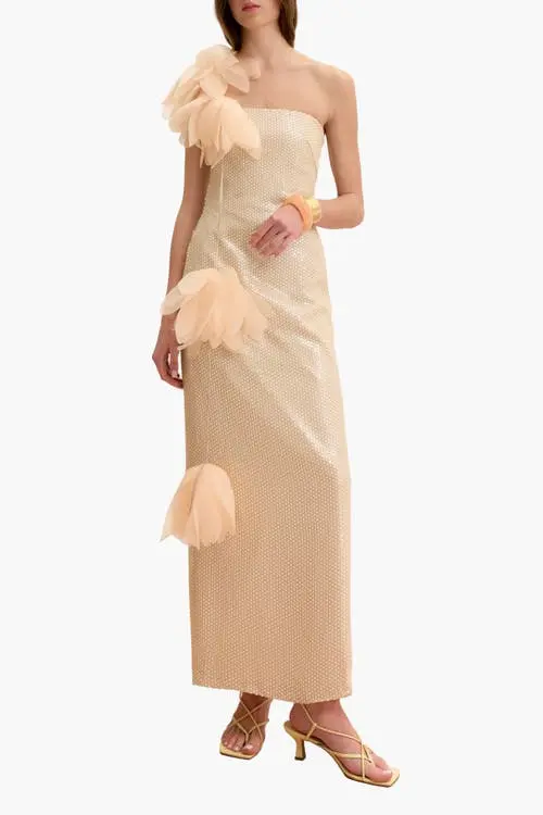 MALVA FLOREA Sequin Floral One-shoulder Gown