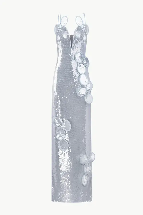 MALVA FLOREA Sequin Maxi Dress With Floral Appliques - Light Blue