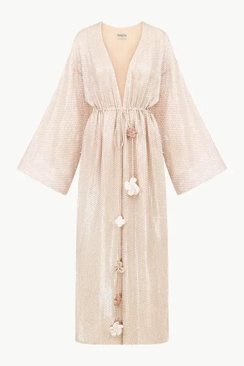 MALVA FLOREA Sequin Cape With Floral Tassel Tie Waist - Beige