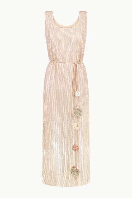 MALVA FLOREA Sleeveless Sequin Maxi Dress With Floral Tassels - Beige