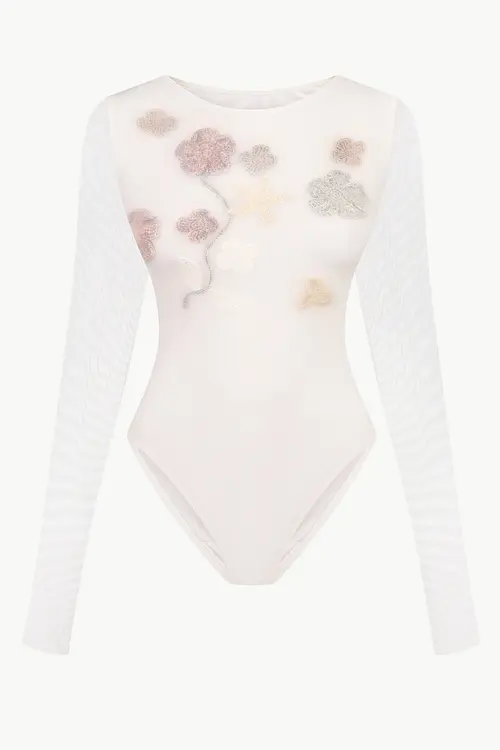 MALVA FLOREA Sheer Mesh Bodysuit With 3d Florals