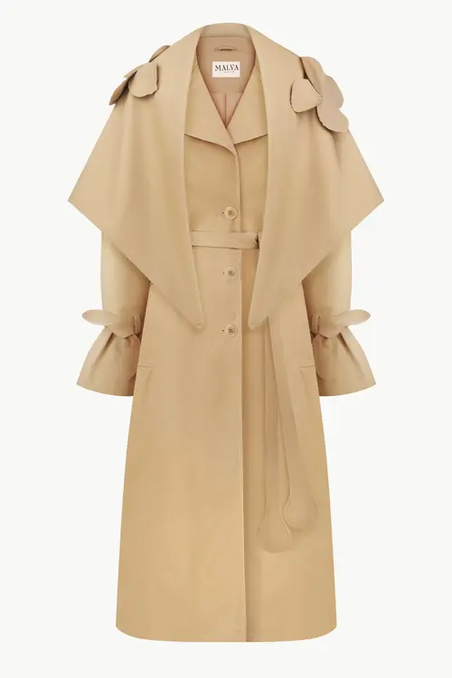 MALVA FLOREA Relaxed Trench Coat With Detachable Scarf And Floral Appliqués - Beige