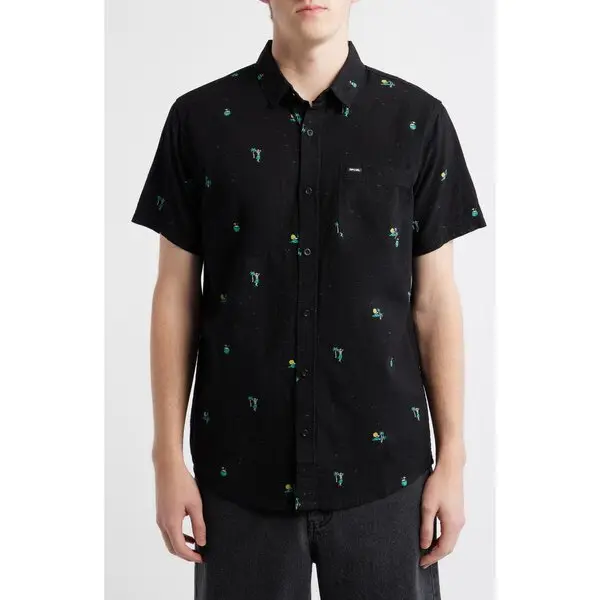 Rip Curl Skelly Breach Tropical Print Short Sleeve Cotton Chambray Button-down Shirt - Black