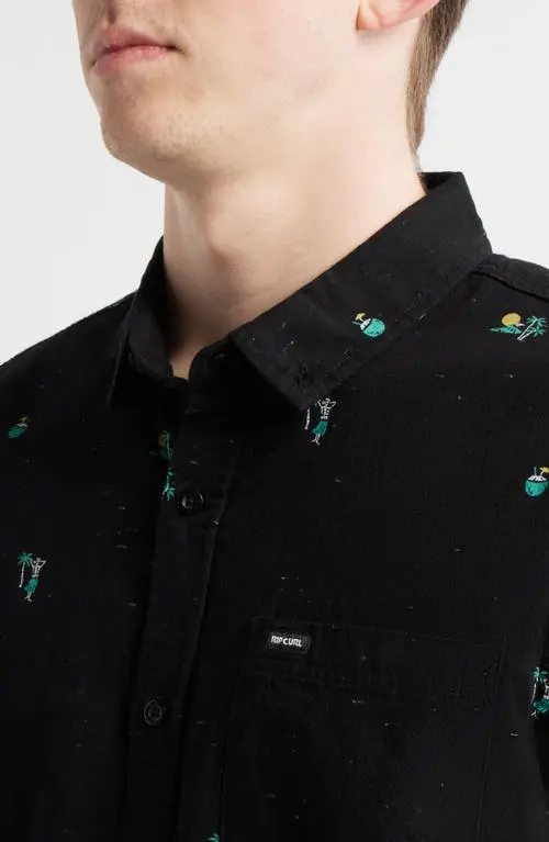 Rip Curl Skelly Breach Tropical Print Short Sleeve Cotton Chambray Button-down Shirt - Black