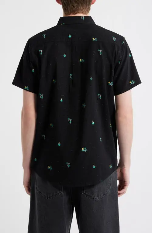 Rip Curl Skelly Breach Tropical Print Short Sleeve Cotton Chambray Button-down Shirt - Black