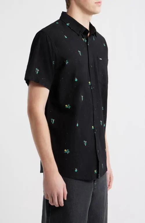 Rip Curl Skelly Breach Tropical Print Short Sleeve Cotton Chambray Button-down Shirt - Black