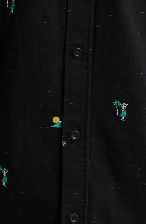 Rip Curl Skelly Breach Tropical Print Short Sleeve Cotton Chambray Button-down Shirt - Black