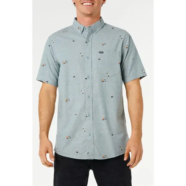 Rip Curl Skelly Breach Tropical Print Short Sleeve Cotton Chambray Button-down Shirt - Bluestone