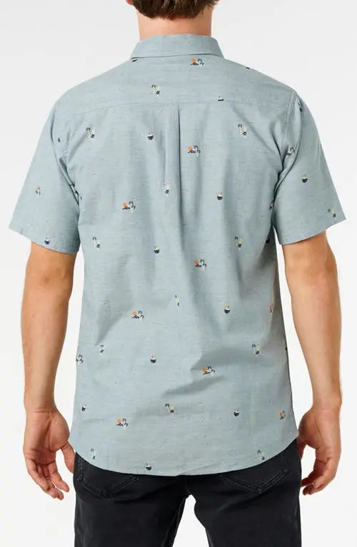 Rip Curl Skelly Breach Tropical Print Short Sleeve Cotton Chambray Button-down Shirt - Bluestone
