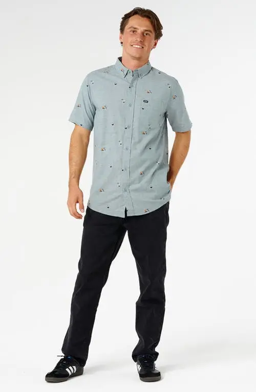 Rip Curl Skelly Breach Tropical Print Short Sleeve Cotton Chambray Button-down Shirt - Bluestone