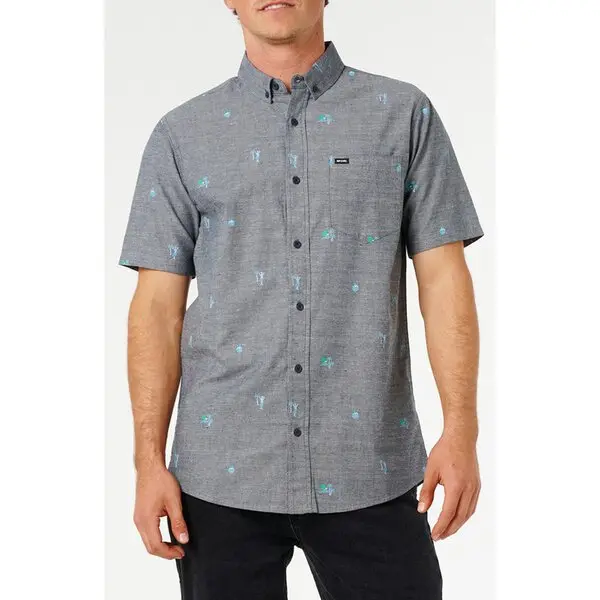 Rip Curl Skelly Breach Tropical Print Short Sleeve Cotton Chambray Button-down Shirt