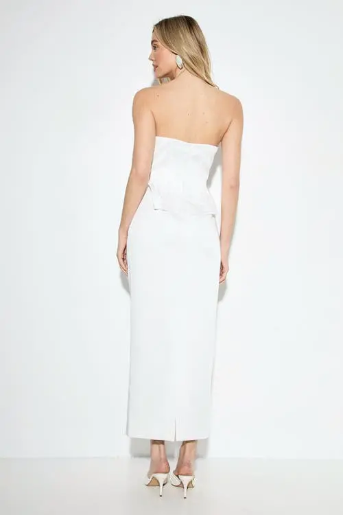MISSPAP Premium Bonded Satin Corset Midaxi Dress - Ivory