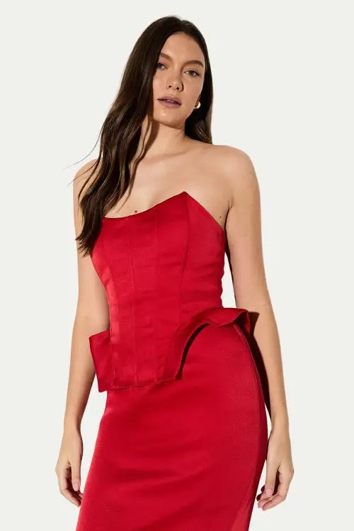 MISSPAP Premium Bonded Satin Corset Midaxi Dress - Red