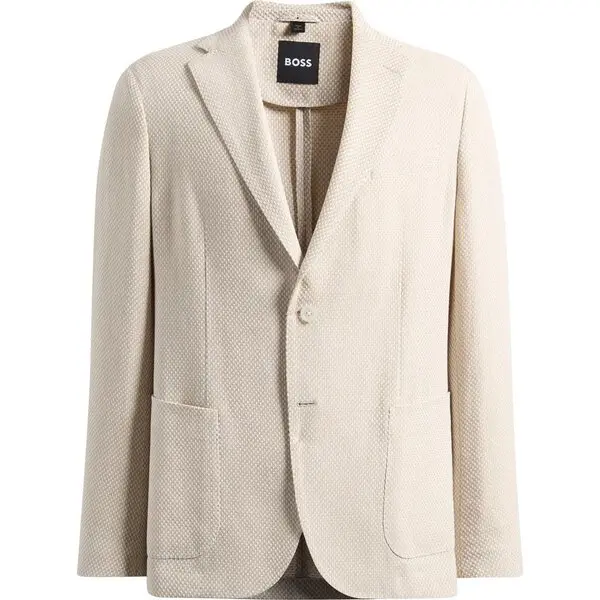 BOSS Hanry Slim Fit Tan Textured Cotton & Linen Blend Sport Coat - Open Beige