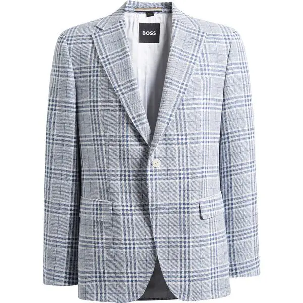 BOSS Hutson Slim Fit Blue & White Plaid Linen & Cotton Blend Sport Coat - Open Blue