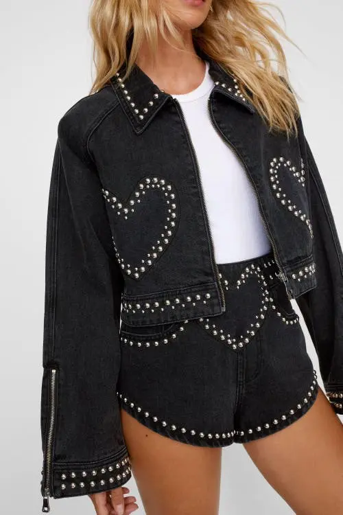 Nasty Gal Studded Cropped Denim Jacket - Washed Black