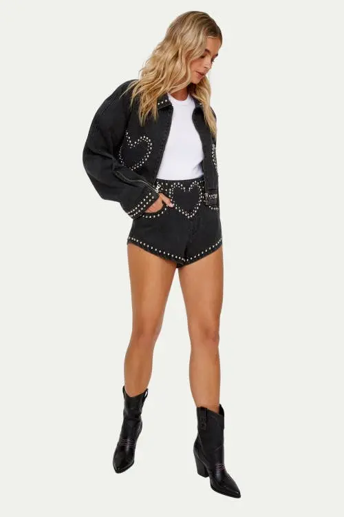 Nasty Gal Studded Cropped Denim Jacket - Washed Black