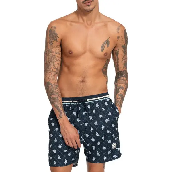 Agua Bendita Stretch Cotton Blend Swim Trunks - Navy Multi