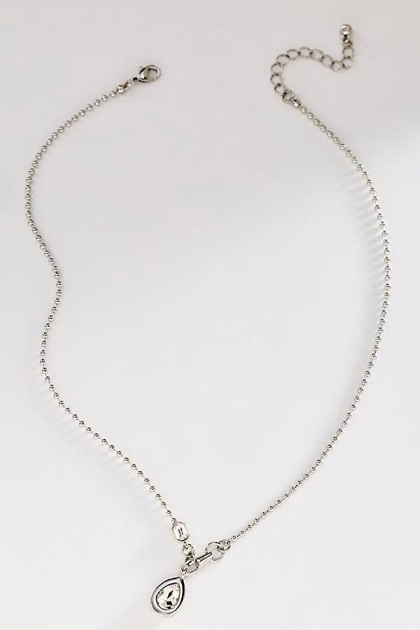 Anthropologie Bezel Crystal Pendant Ball Chain Necklace - Pear Silver