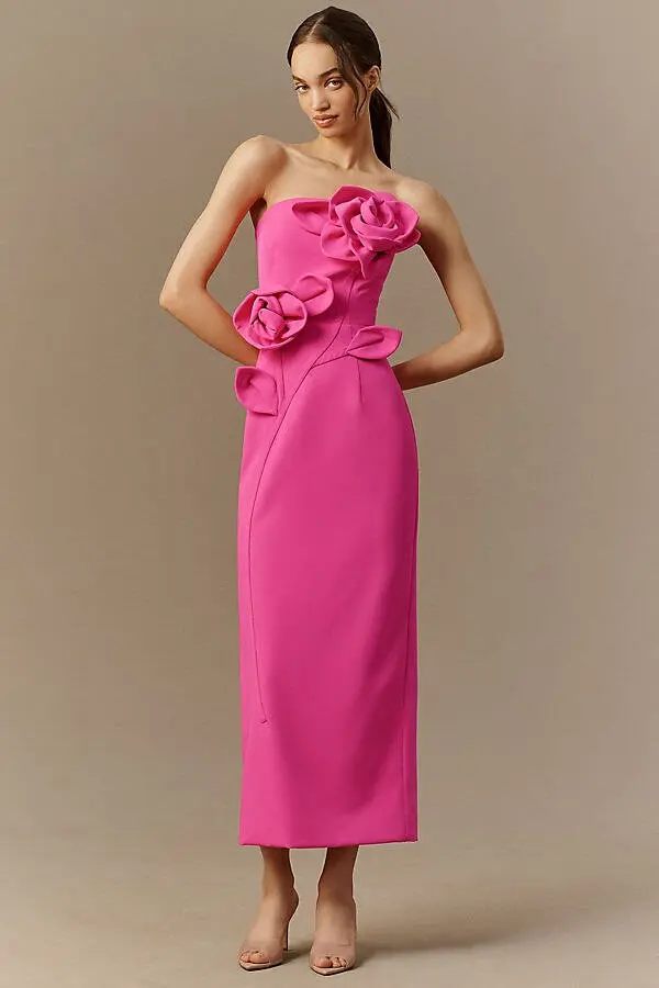Mac Duggal Crepe Strapless 3d Floral Midi Dress