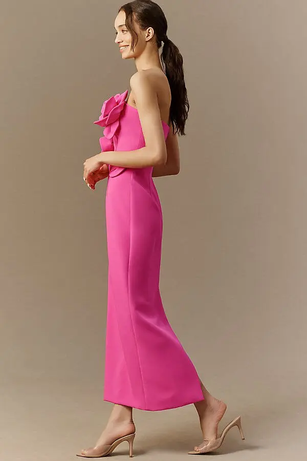 Mac Duggal Crepe Strapless 3d Floral Midi Dress