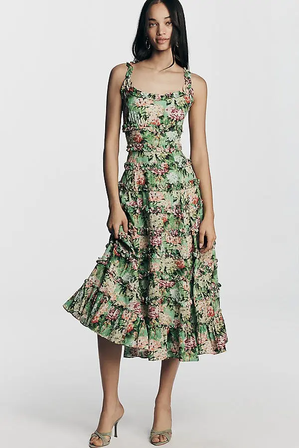 Mac Duggal Floral Square-neck Ruffle Cotton Midi Dress - Green Floral