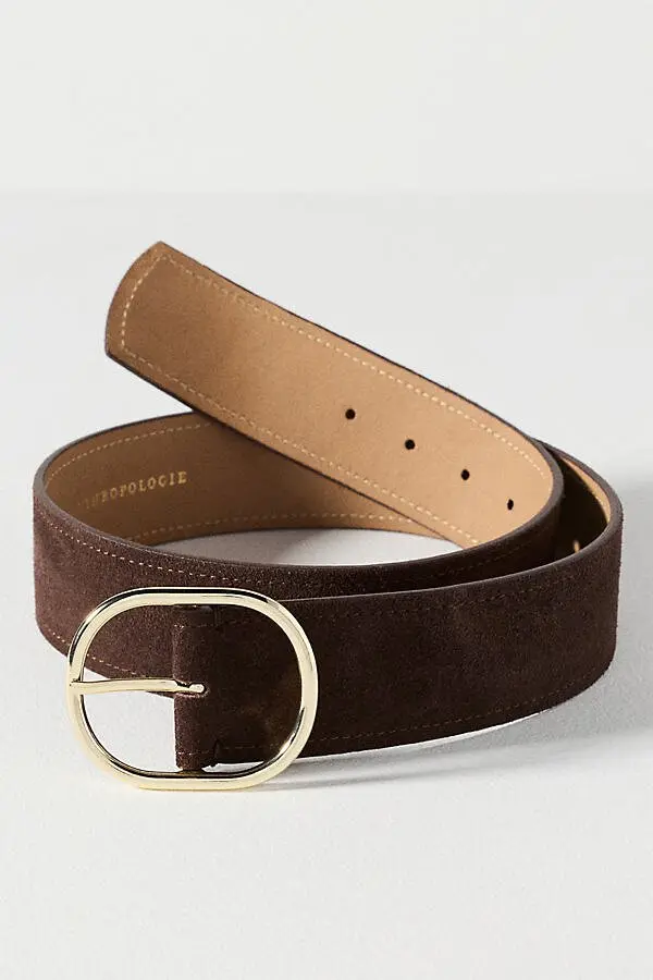 Anthropologie Oval Buckle Leather Belt - Chocolate Suede