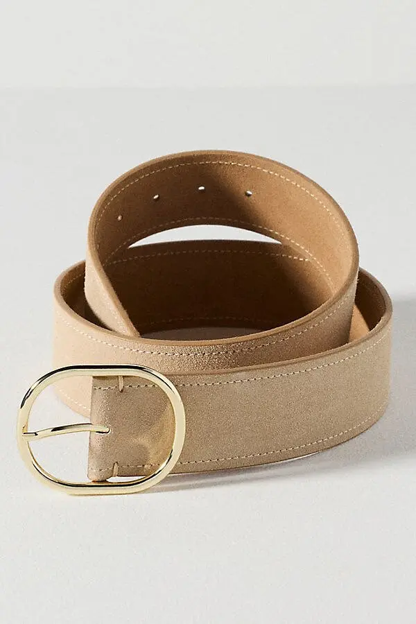 Anthropologie Oval Buckle Leather Belt - Light Sand Suede