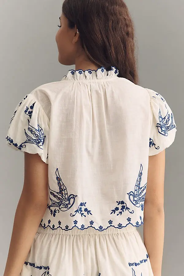 Maeve Cotton Voile Embroidered Cropped Blouse