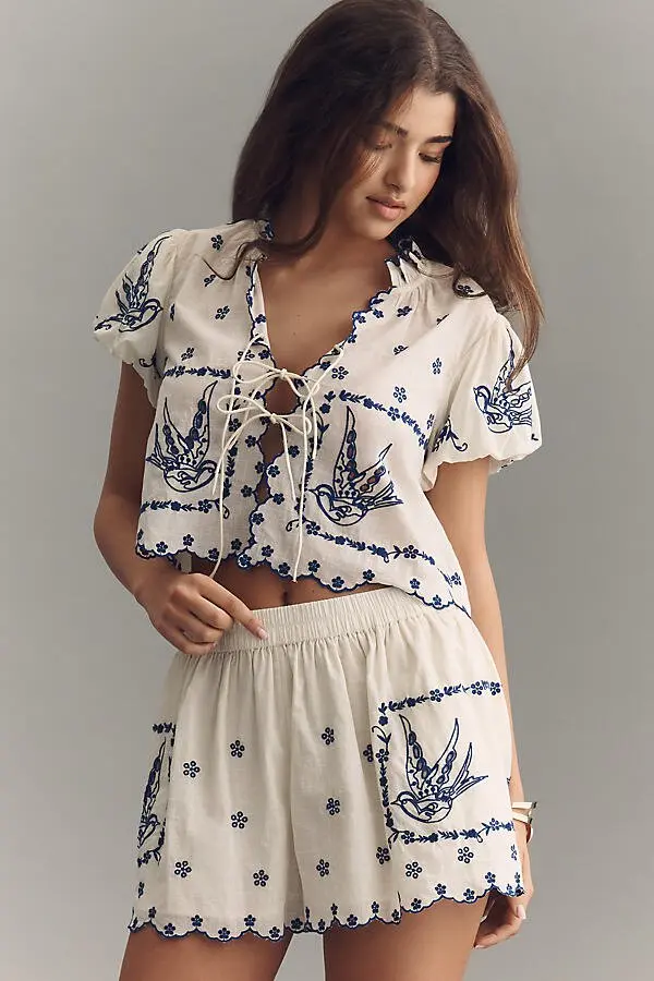 Maeve Province Town Embroidered Shorts - Blue Pattern