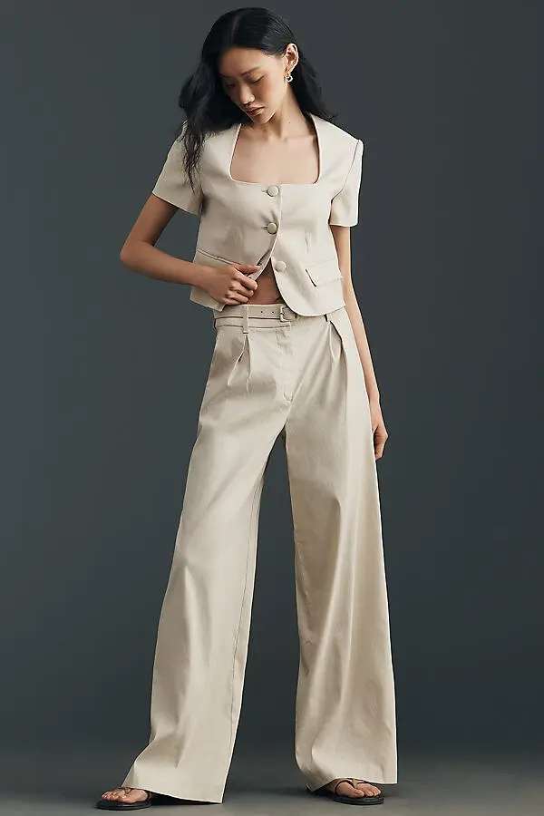 FAVORITE DAUGHTER Miranda Linen Blend Wide-leg Trousers - Light Khaki