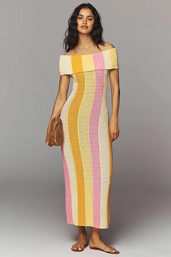 Endless Rose Off-shoulder Striped Knit Midi Dress - Multi Stripe